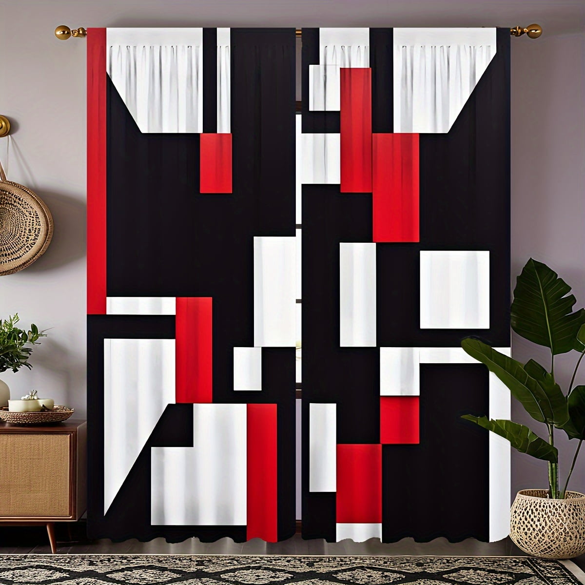 2pcs Set Modern Geometric Curtains Black & White Rod Pocket Design for ...