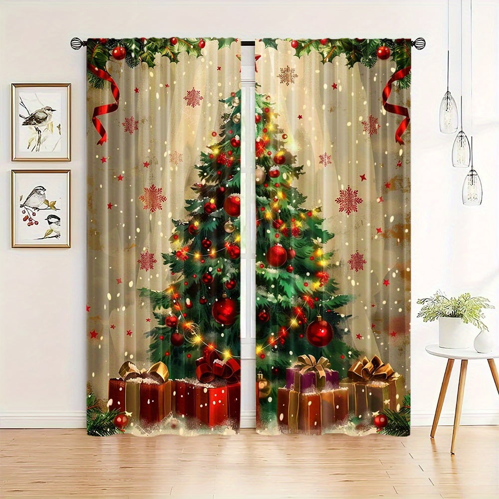 2pcs Set Modern Red & Green Tree Curtains Grommet Top Rod Pocket ...