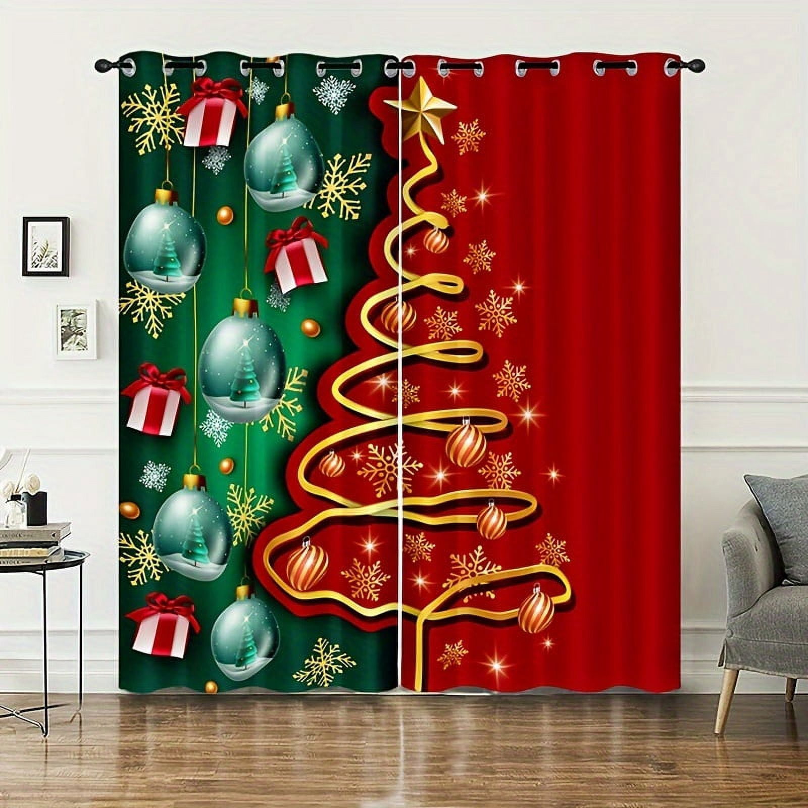 2pcs Set Modern Red & Green Tree Curtains Grommet Top Rod Pocket ...