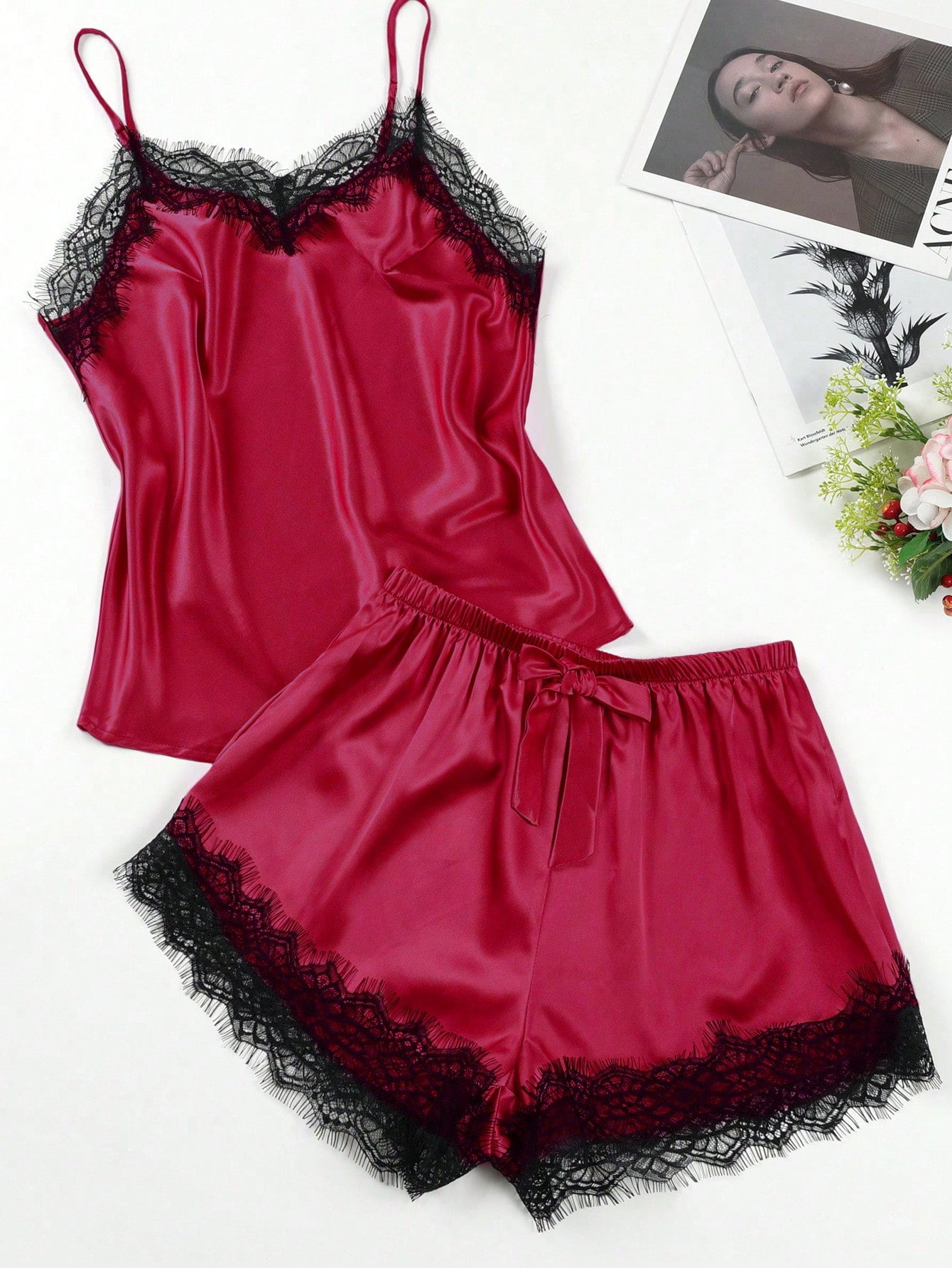 2pcs/Set Silk Imitation Lace Splicing Camisole & Shorts Pajama Set ...