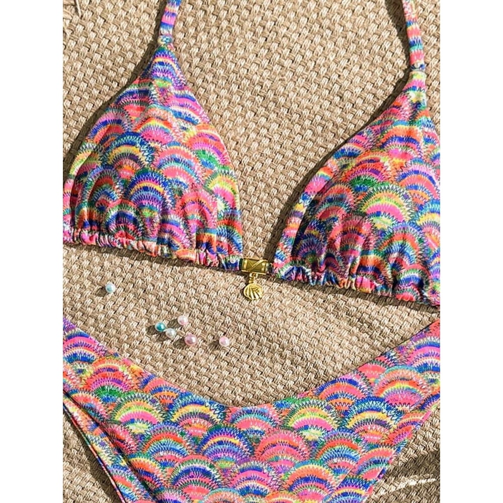 2pcs/Set Summer Vacation Random Print Golden Shell Decor Halter Bikini ...