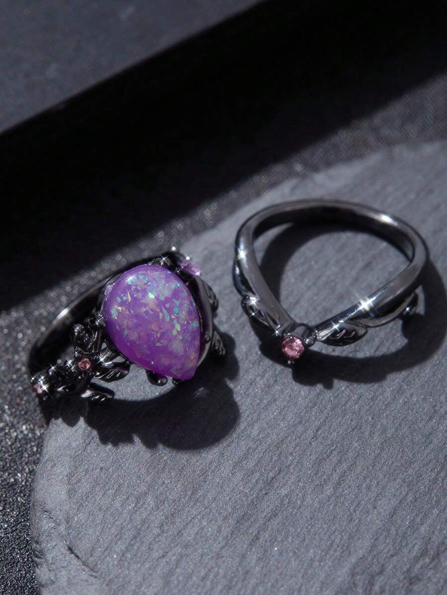 2pcs Set, Vintage Purple Pear Cut Synthetic Opal & Leaf Design Gunmetal ...