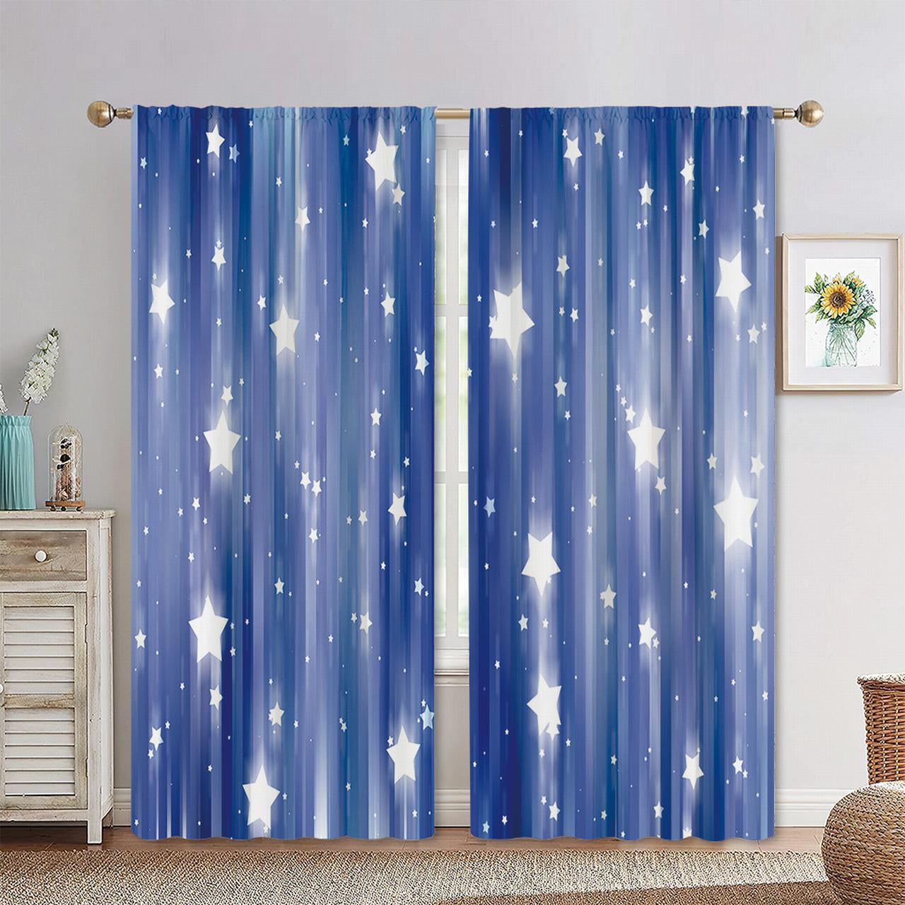 2pcs Shiny Gradient Blue Galaxy Starry Printed Curtain Rod Pocket ...