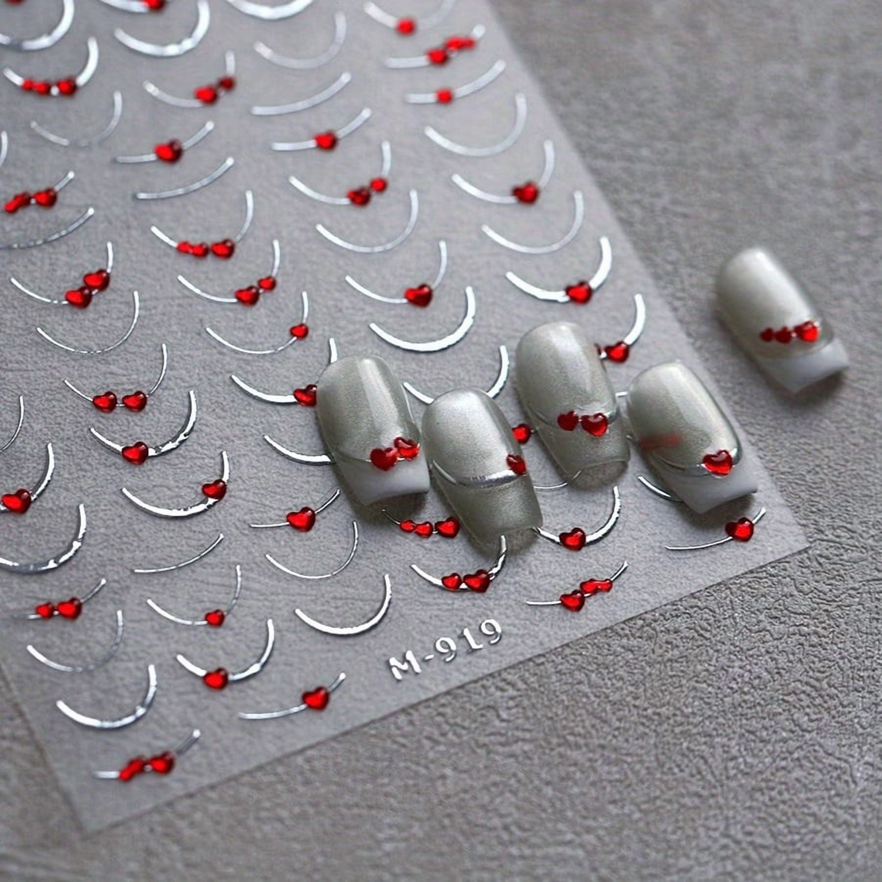 2pcs Silver Edge French Manicure Nail Wraps with Jelly Red Heart Design ...