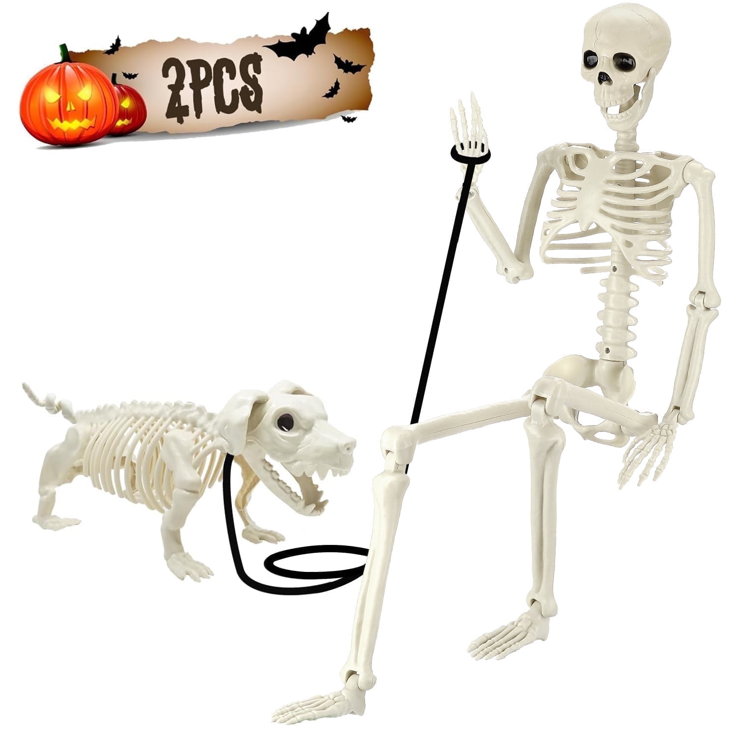2pcs Skeleton and Dog Skeleton Halloween Decorations Posable Skeletons ...