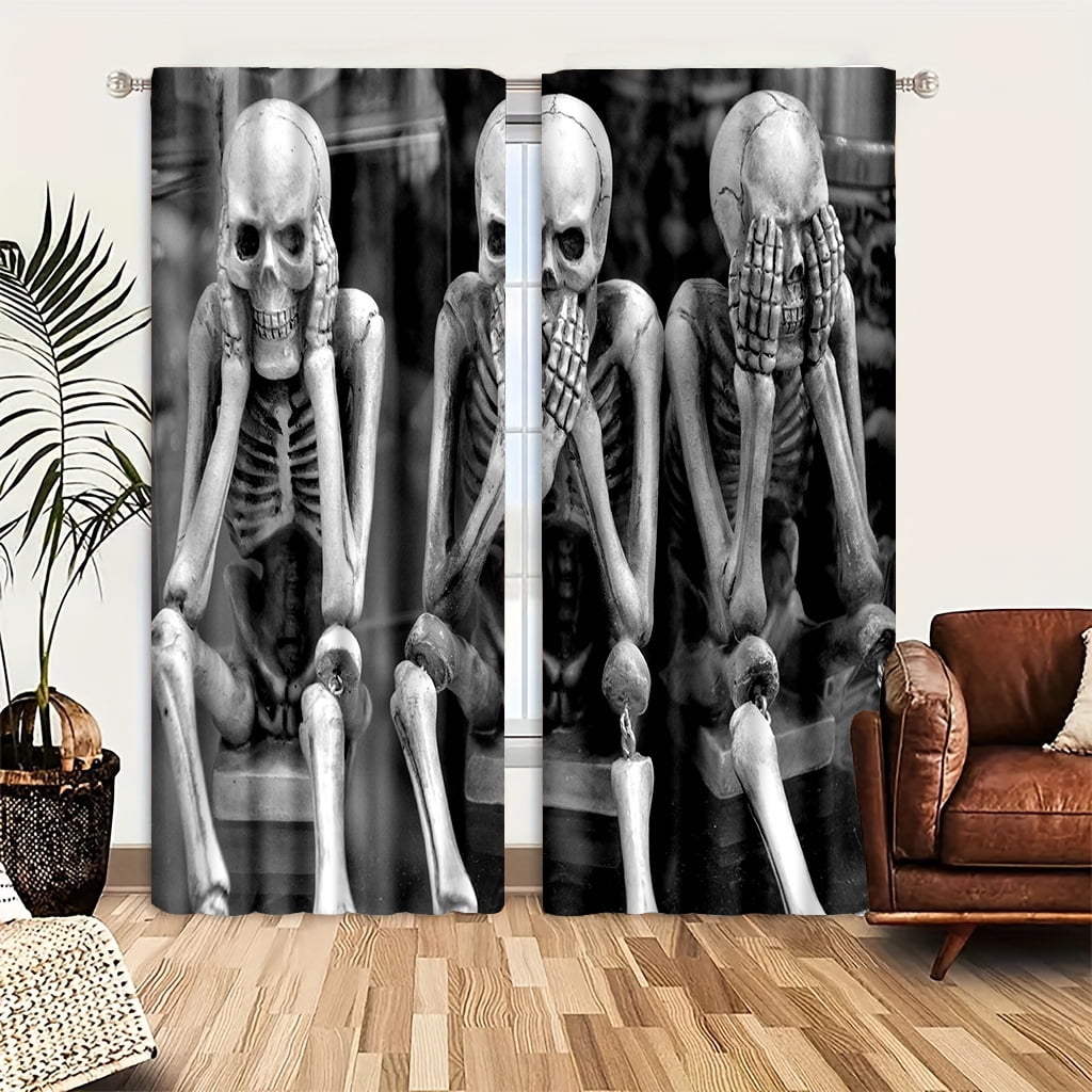 2pcs Skull Pattern Curtains rative Grommet Top Window Drape Window ...