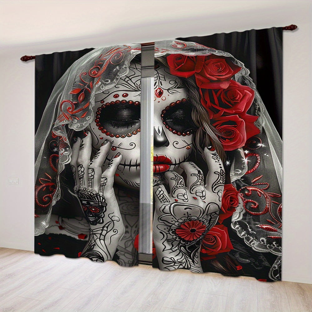 2pcs Skull Print Curtains Rod Pocket rative Window Drapes Window ...