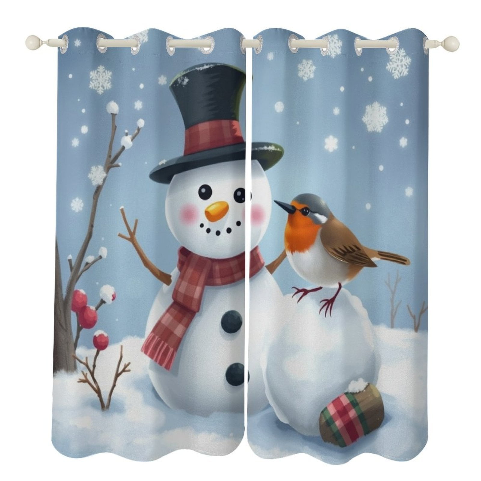 2pcs Snowman Robin Winter Scene Curtains For Living Room Grommet Top ...