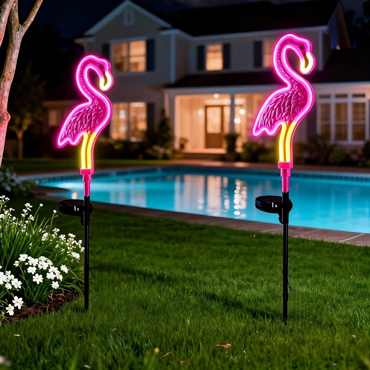 2pcs Solar Pink Flamingo Lights - Decorative Outdoor Garden Lights for ...