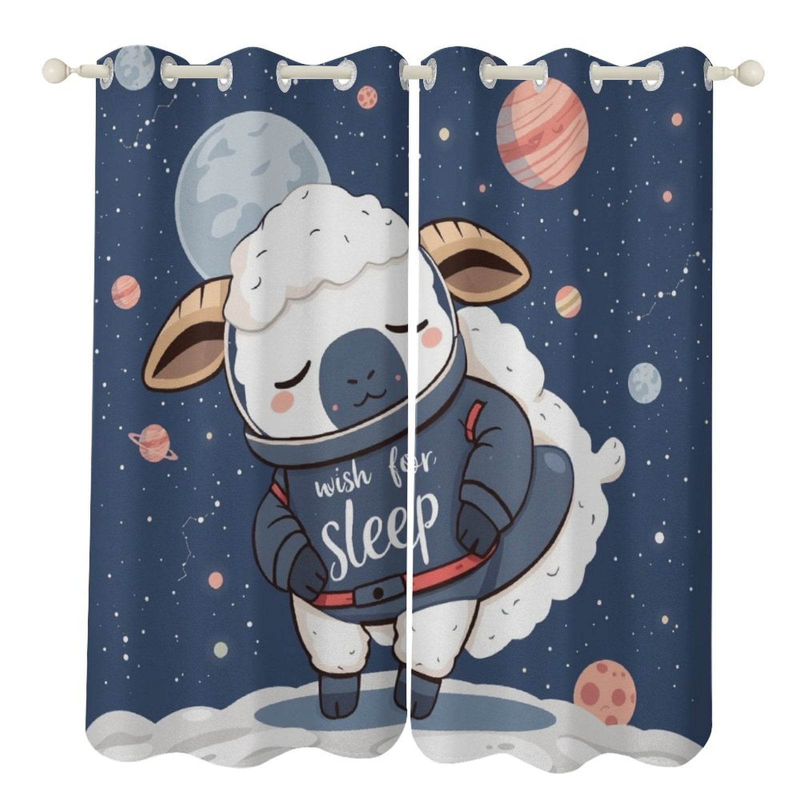 2pcs Space Sheep Sleeping Curtains For Living Room Grommet Top Window ...