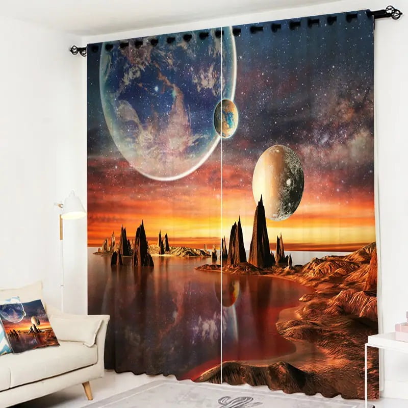 2pcs Space Universe Planet Semi-Blackout Curtains Outer Space Blue Starry Sky Night Star Print ...