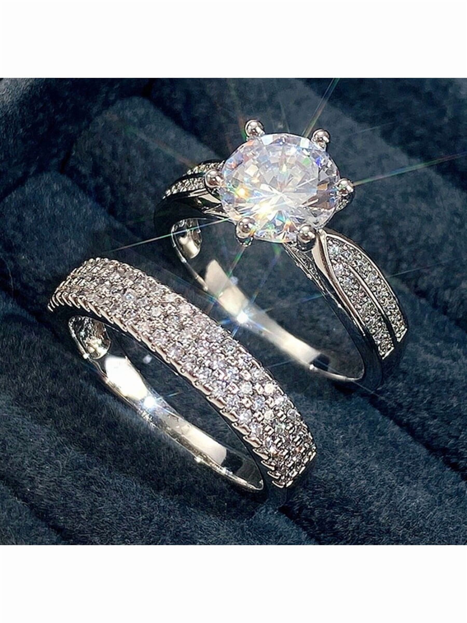 2pcs Sparkling Silver-Tone Alloy & Cubic Zirconia Ring Set For Women ...