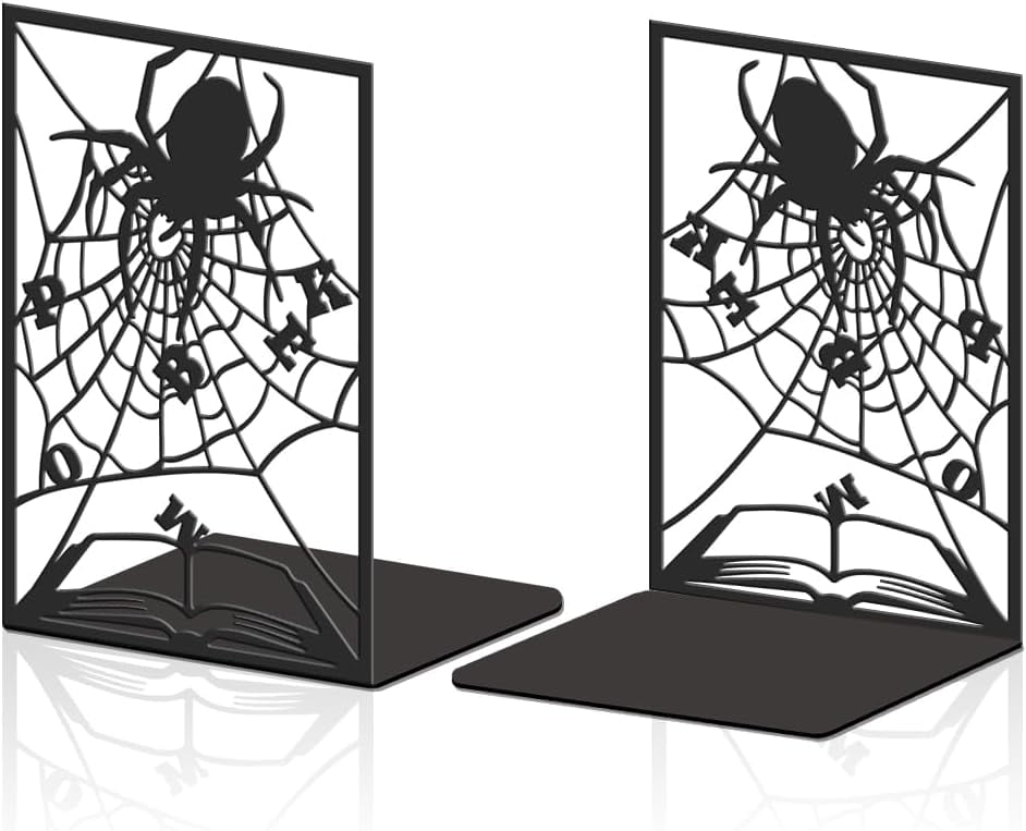 2pcs Spider Cobweb Book Ends Black Decorative Metal Book Ends for Shelf ...
