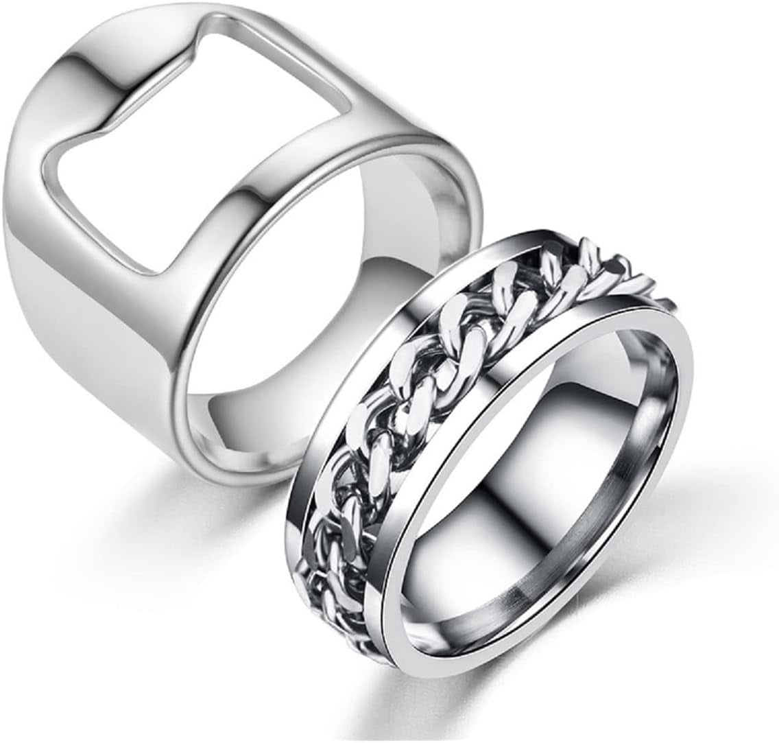 2pcs Stainless Steel Bottle Opener Rings Set Spinner Chain Thumb Beer ...
