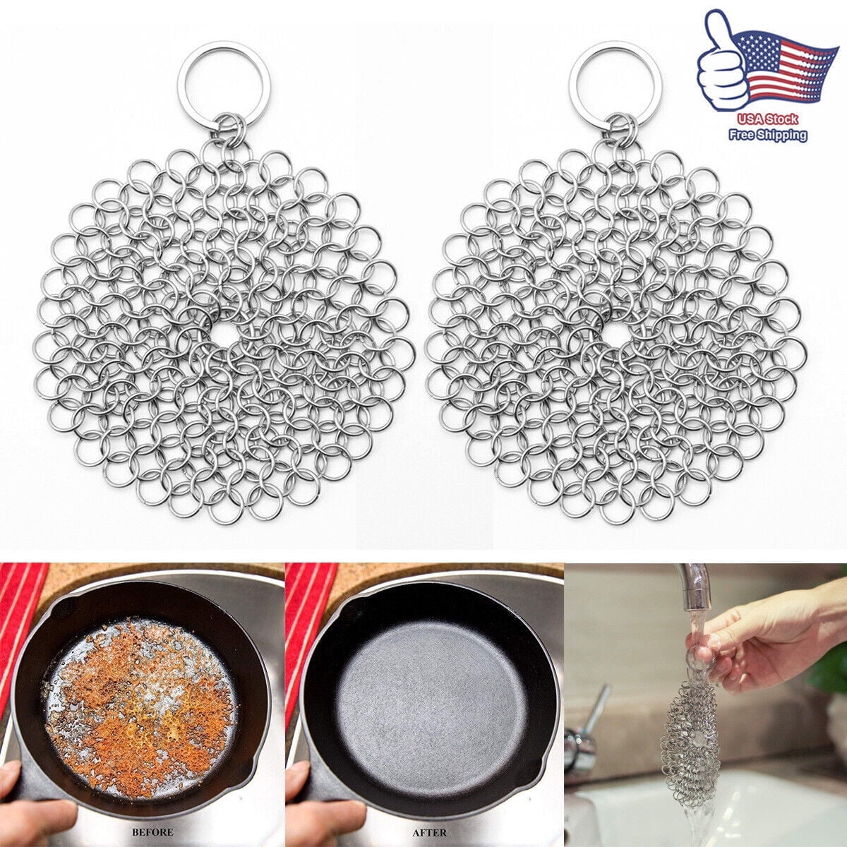 2pcs Stainless Steel Cast Iron Cleaner Chain Mail Scrubber Cookware ...