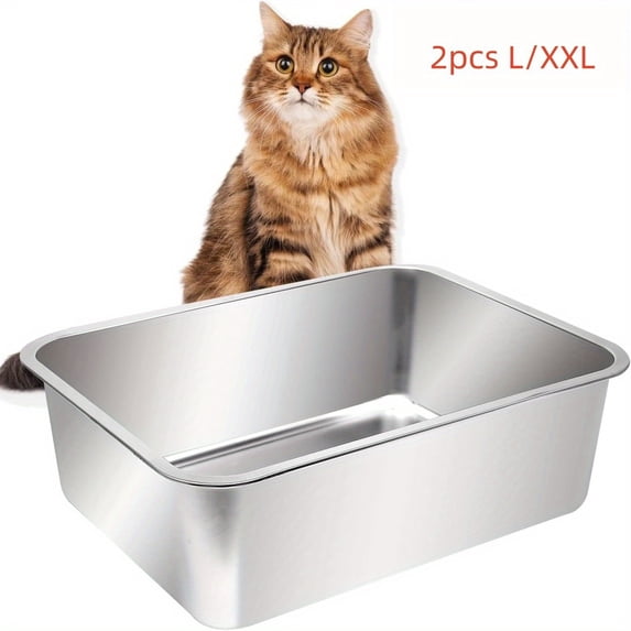 2pcs Stainless Steel Cat Litter Box for Large/Medium/Small Cats and ...