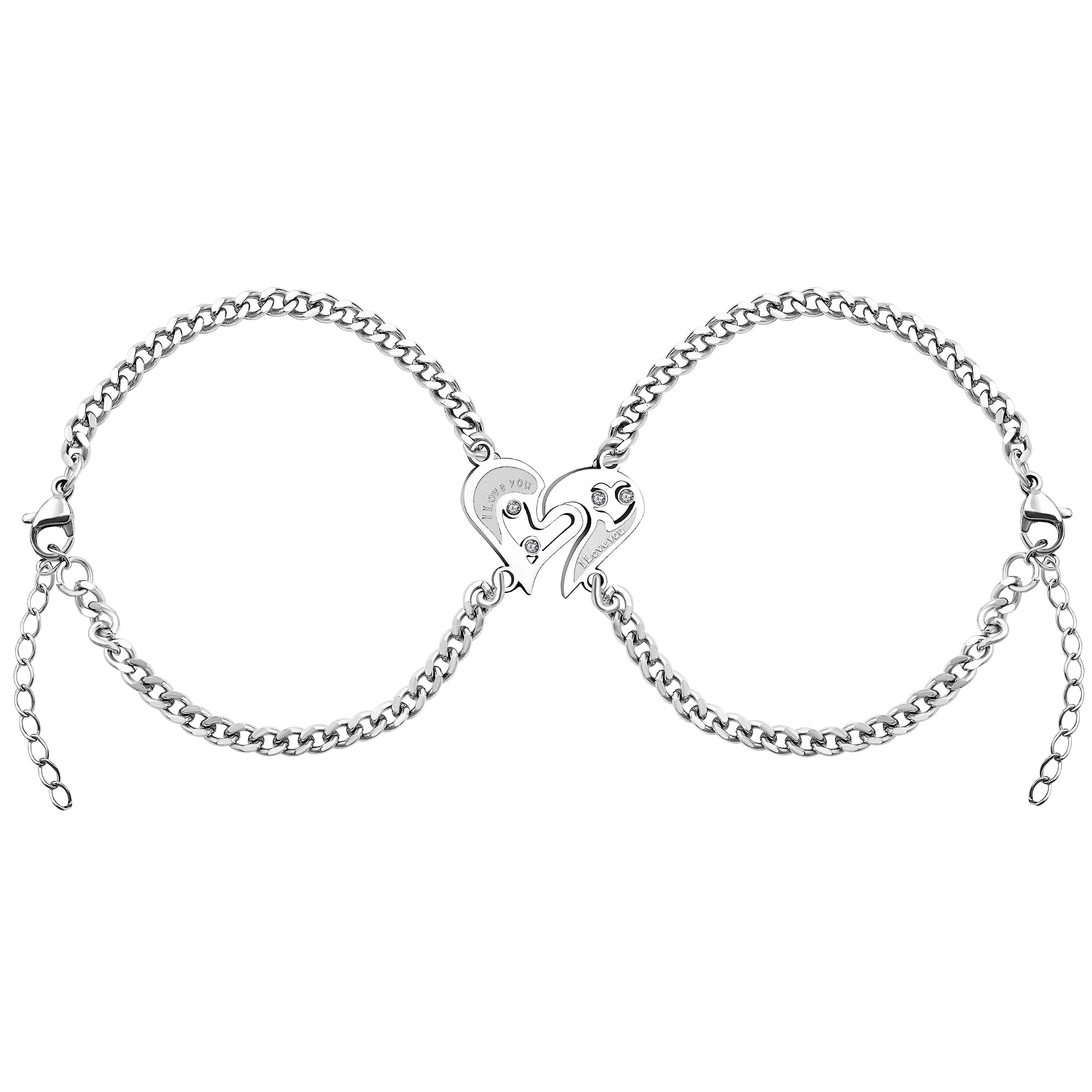 2pcs Stainless Steel Chain Love Heart Bracelets for Men Women Boyfriend ...