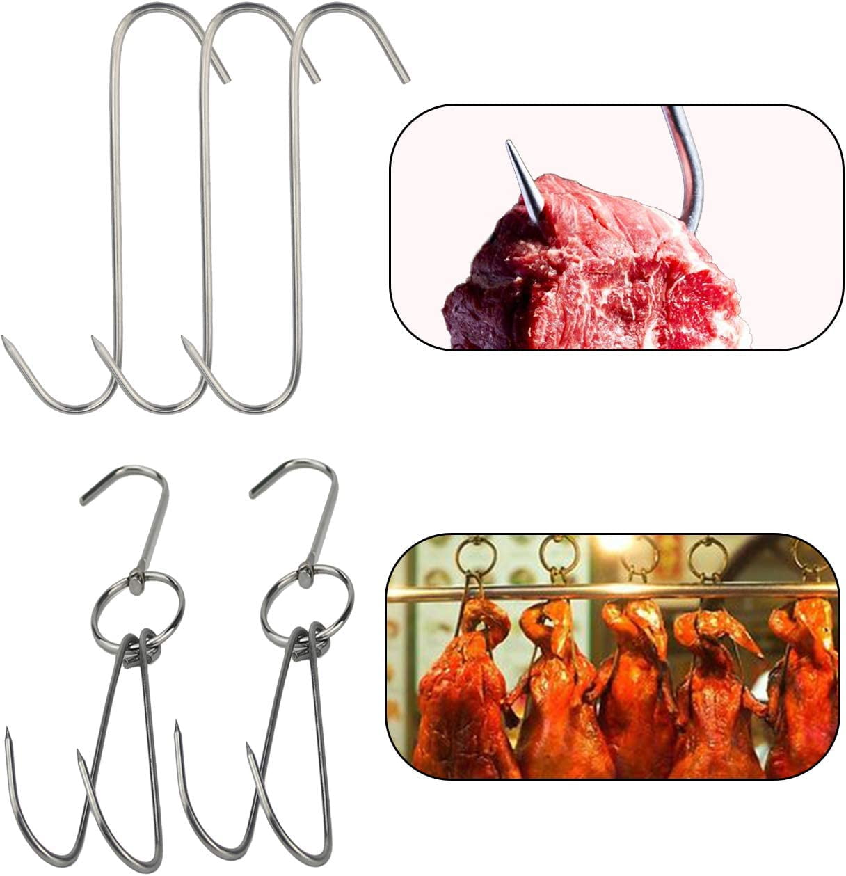 2pcs Stainless Steel Double Hooks + 3pcs S-Hooks for Bacon Hams Meat ...