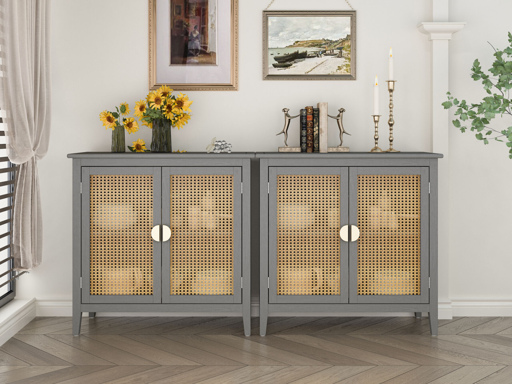 2pcs Storage Cabinet with 2 Rattan Doors, 2-Tier Storage Cabinet with ...