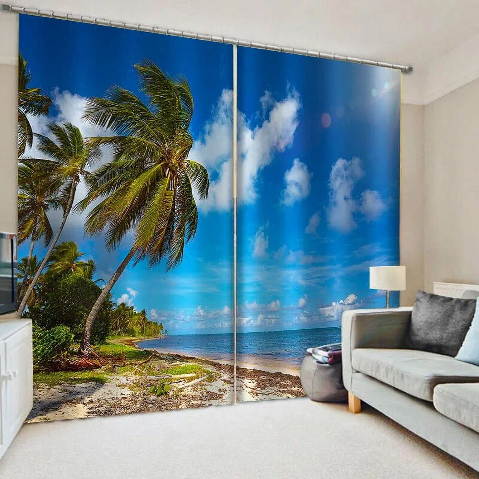 2pcs Summer Beach StarCurtains Blue Ocean Landscape Curtain for Bedroom ...