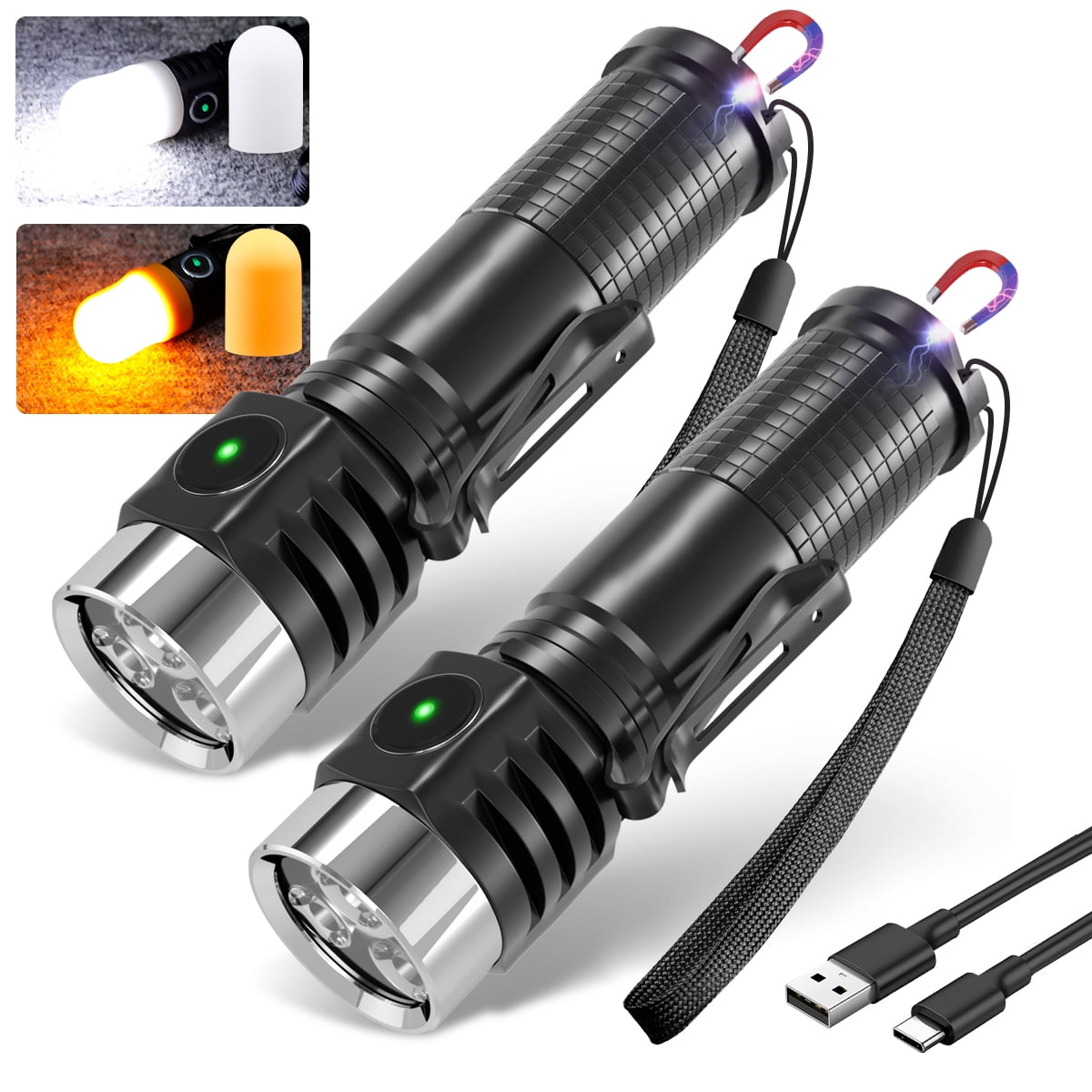 2pcs Super Bright USB Rechargeable LED Flashlight, 4Modes with Three ...