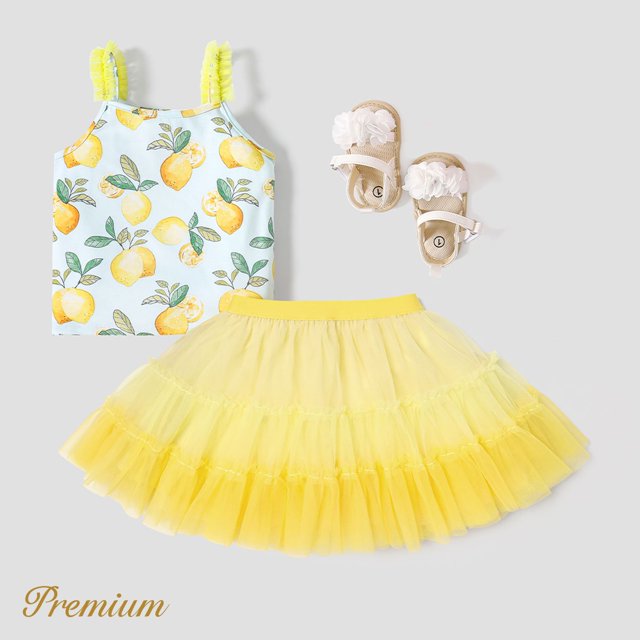 2pcs Toddler Girl Dress Lemon Print Ruched Cami Top and Mesh Tiered ...