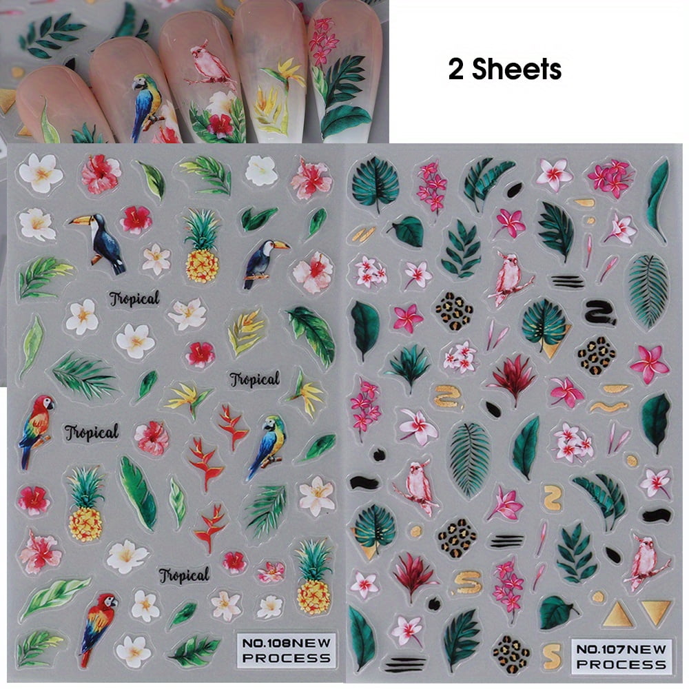 2pcs Tropical Green Leaf Designs Nail Art Stickers Palm Leaves Hibiscus ...