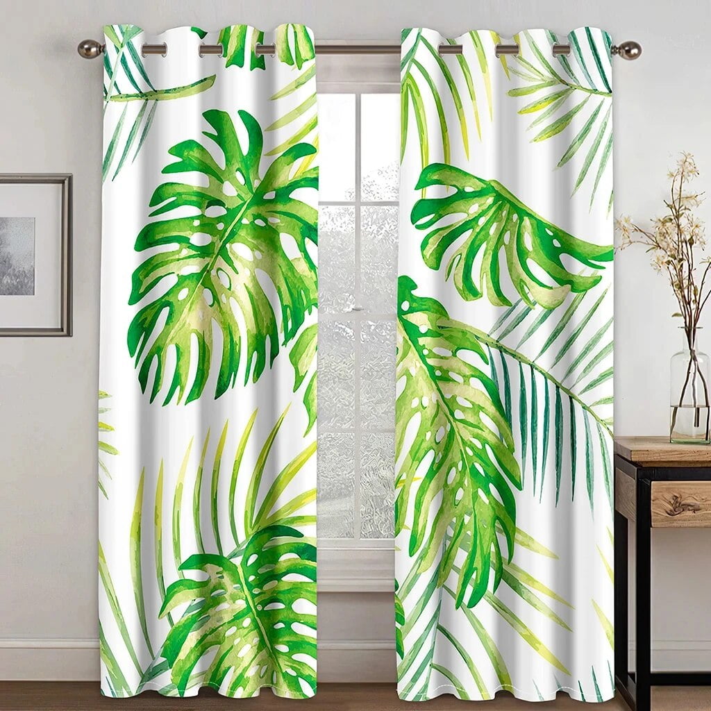 2pcs Tropical Leaf Curtain Green And White Plant Palm Summer Hawaiian ...