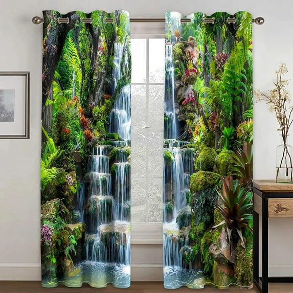 2pcs Tropical Leaf Curtain Green And White Plant Palm Summer Hawaiian ...