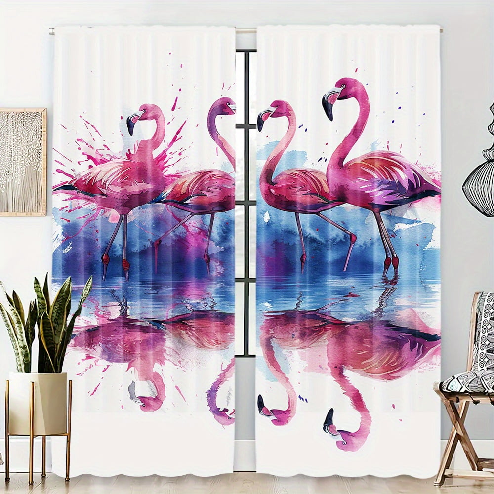 2pcs Tropical Leaf Shawl Flamingo Brush Translucent Curtains Living ...