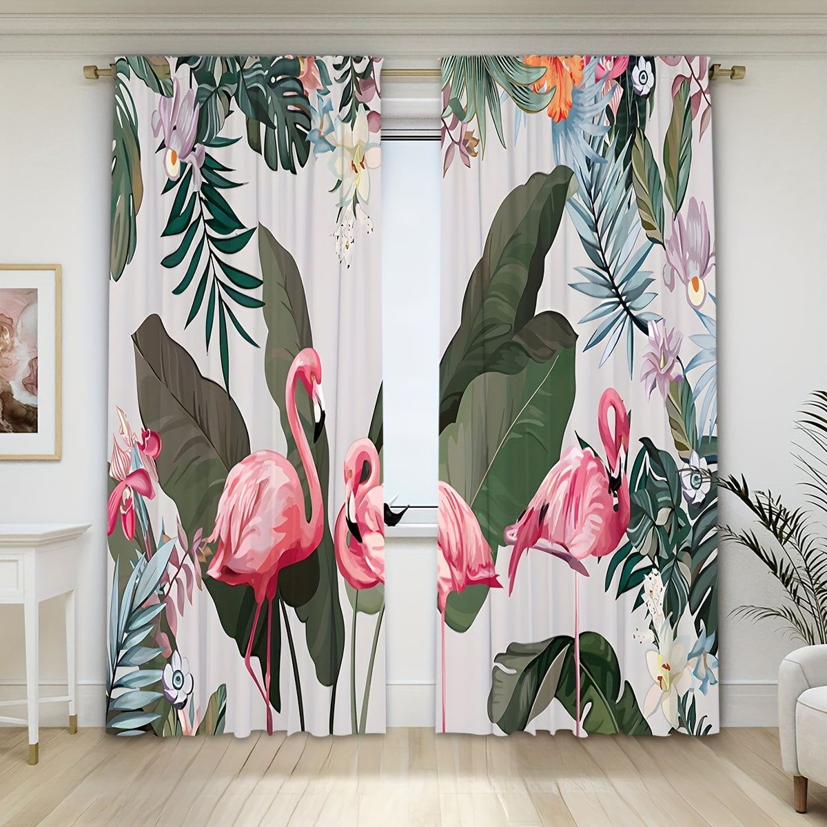 2pcs Tropical Leaf Shawl Flamingo Brush Translucent Curtains Living ...