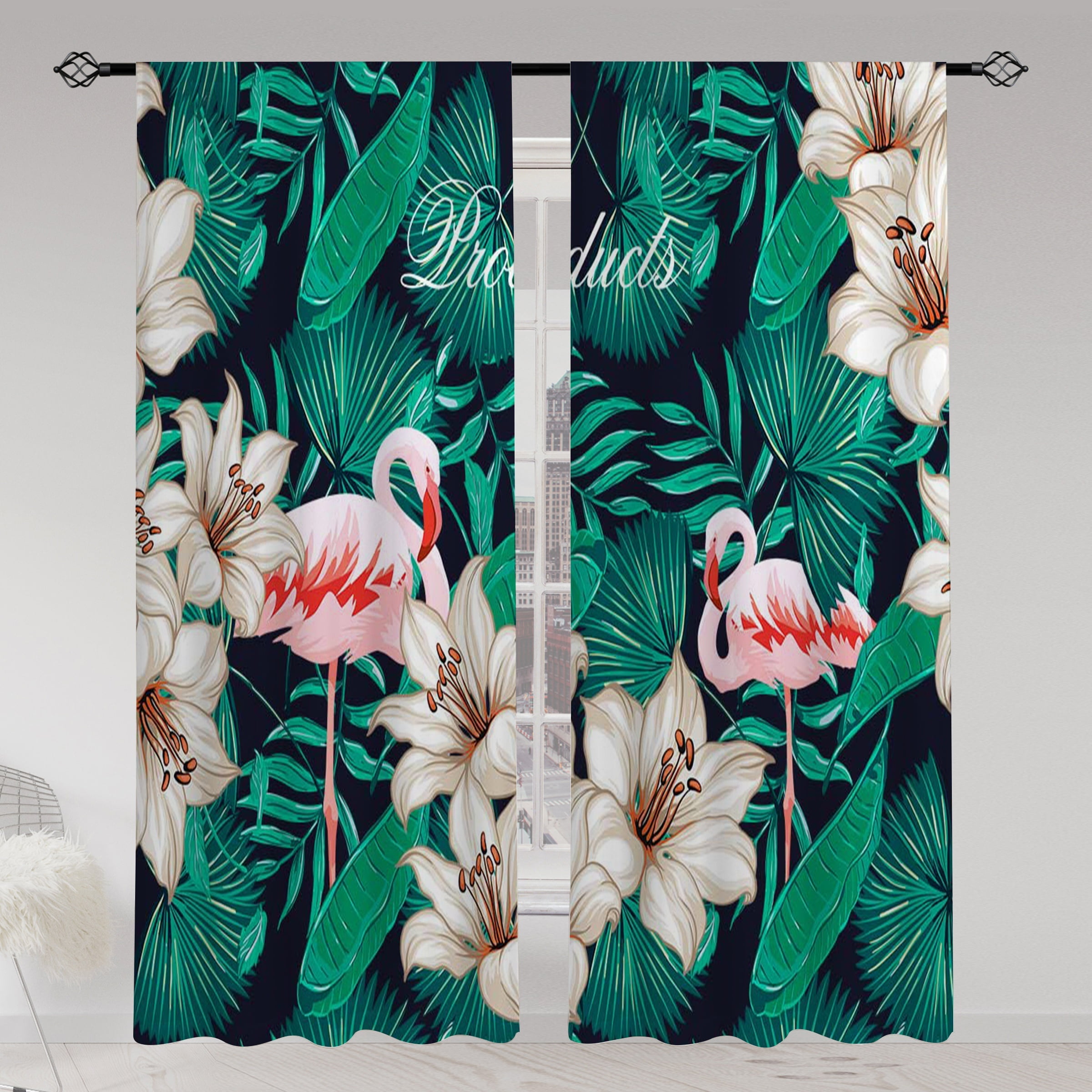 2pcs Tropical Leaf Shawl Flamingo Brush Translucent Curtains Living ...