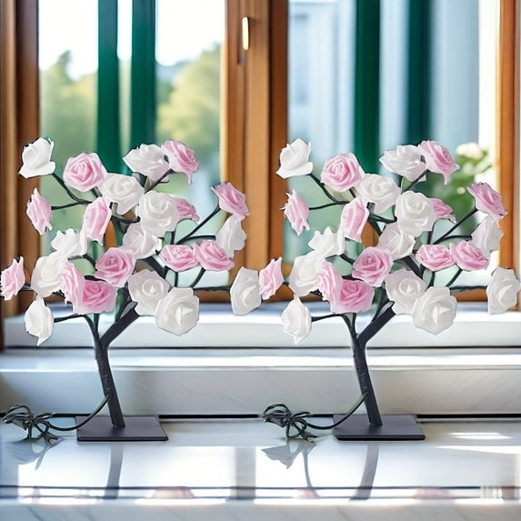 2pcs USB LED Faux Rose Table Lamp, Romantic Night Lights for Bedroom ...