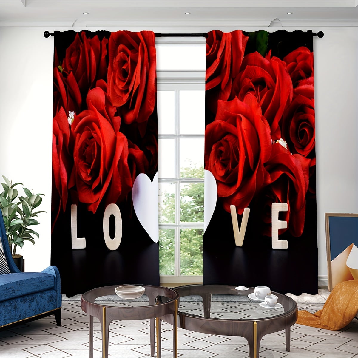 2pcs Valentine's Day Red Rose Flower Curtains Rod Pocket Curtain For ...