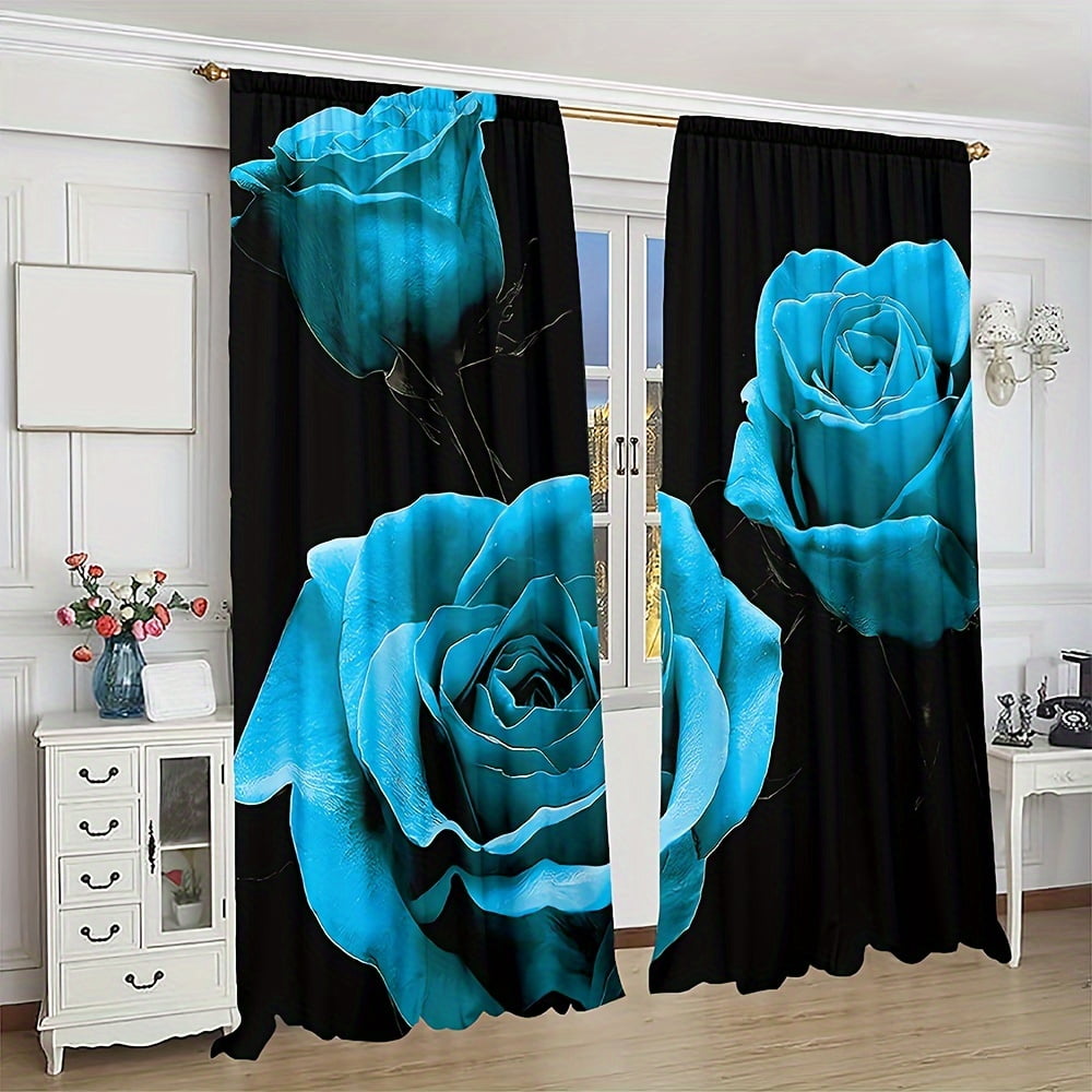 2pcs Valentine's Day Red Rose Flower Curtains Rod Pocket Curtain For ...
