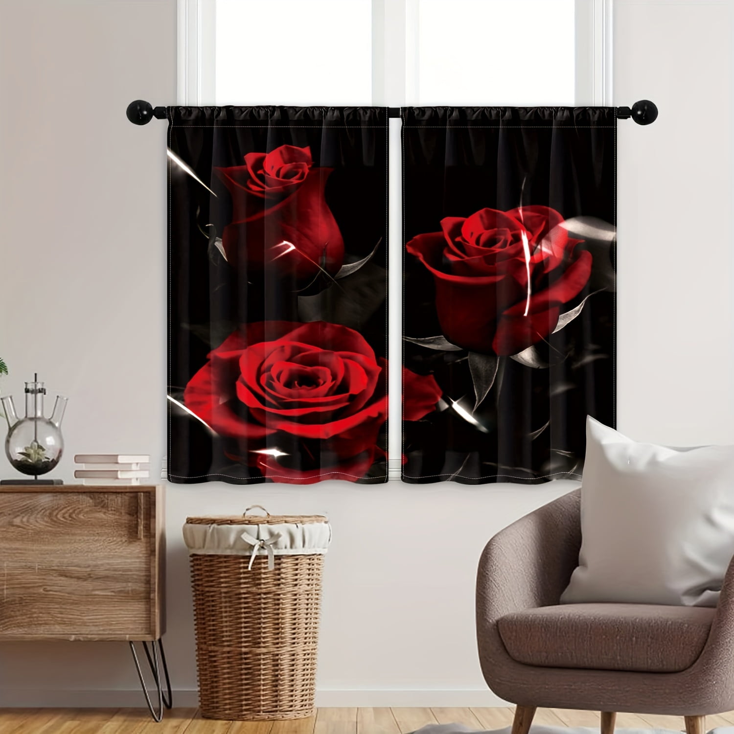 2pcs Valentine's Day Red Rose Flower Curtains Rod Pocket Curtain For ...