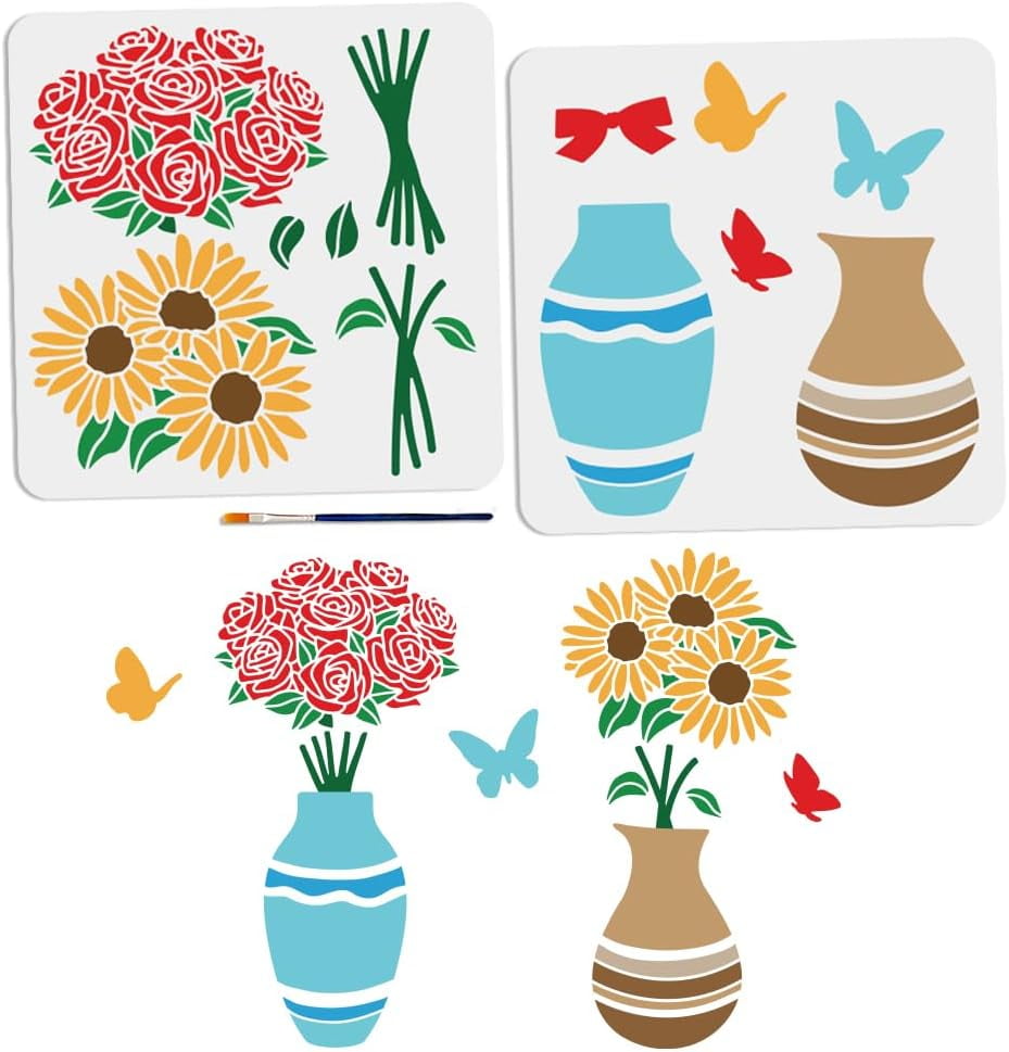 2pcs Vase Rose Sunflower Stencils 7×14.8inch Splicing Flower Vase ...