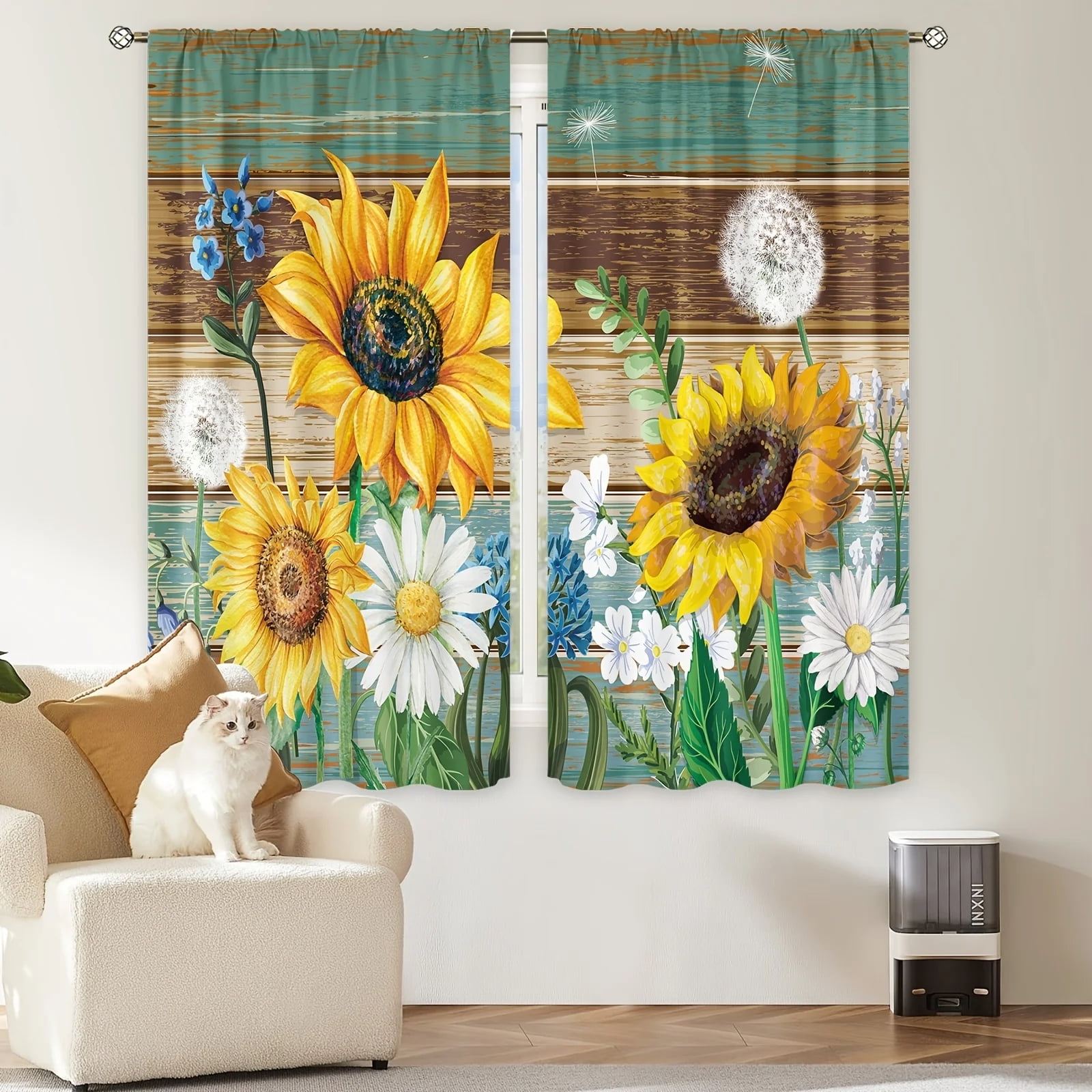 2pcs Vintage Door Sunflower Pattern Curtain Curtain Rod Pocket Window ...