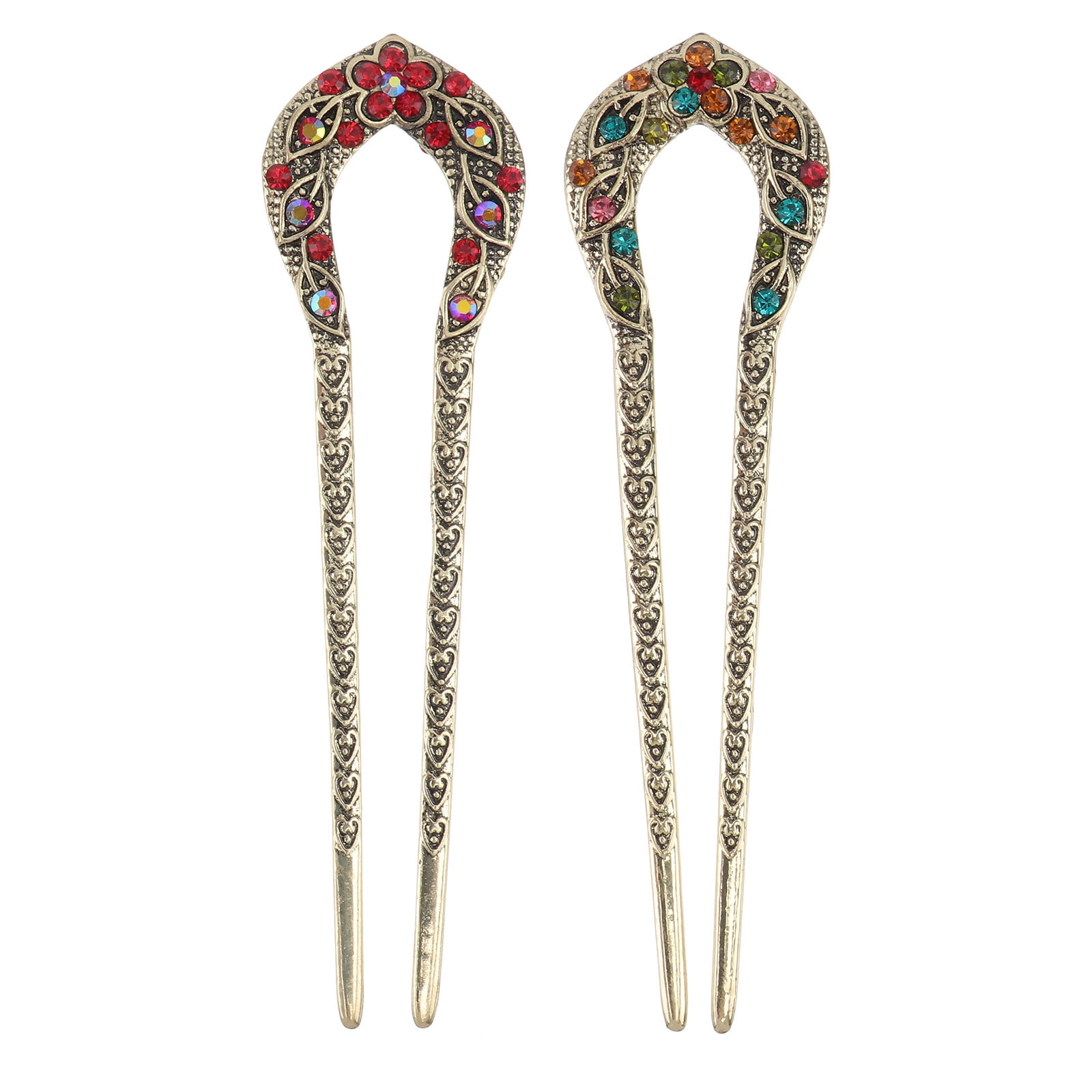 2pcs Vintage Hair Stick Crystal Rhinestone Double Prong Hair Pin Stick ...
