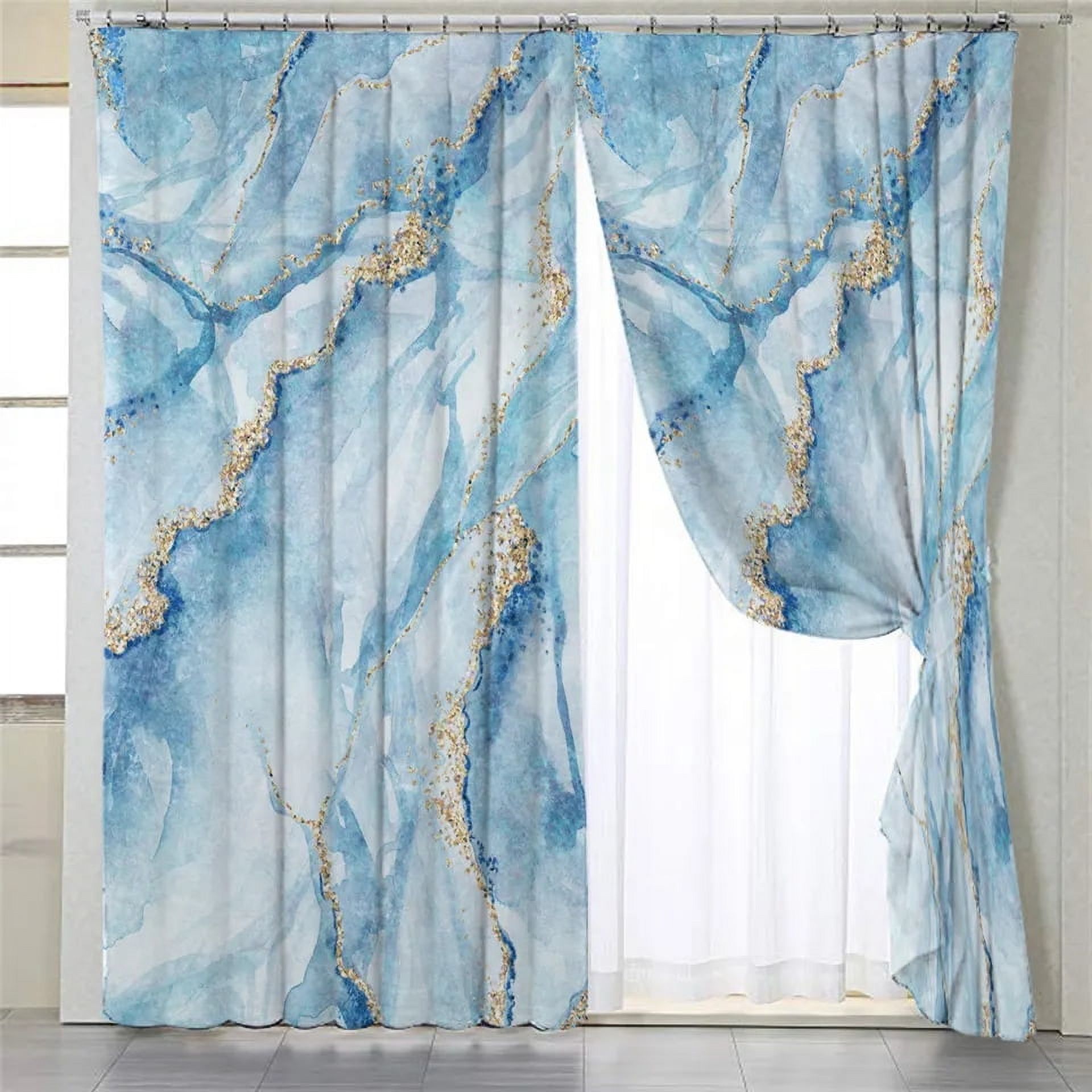2pcs Vintage Marble Living Room Curtains White Golden Semi Blackout ...