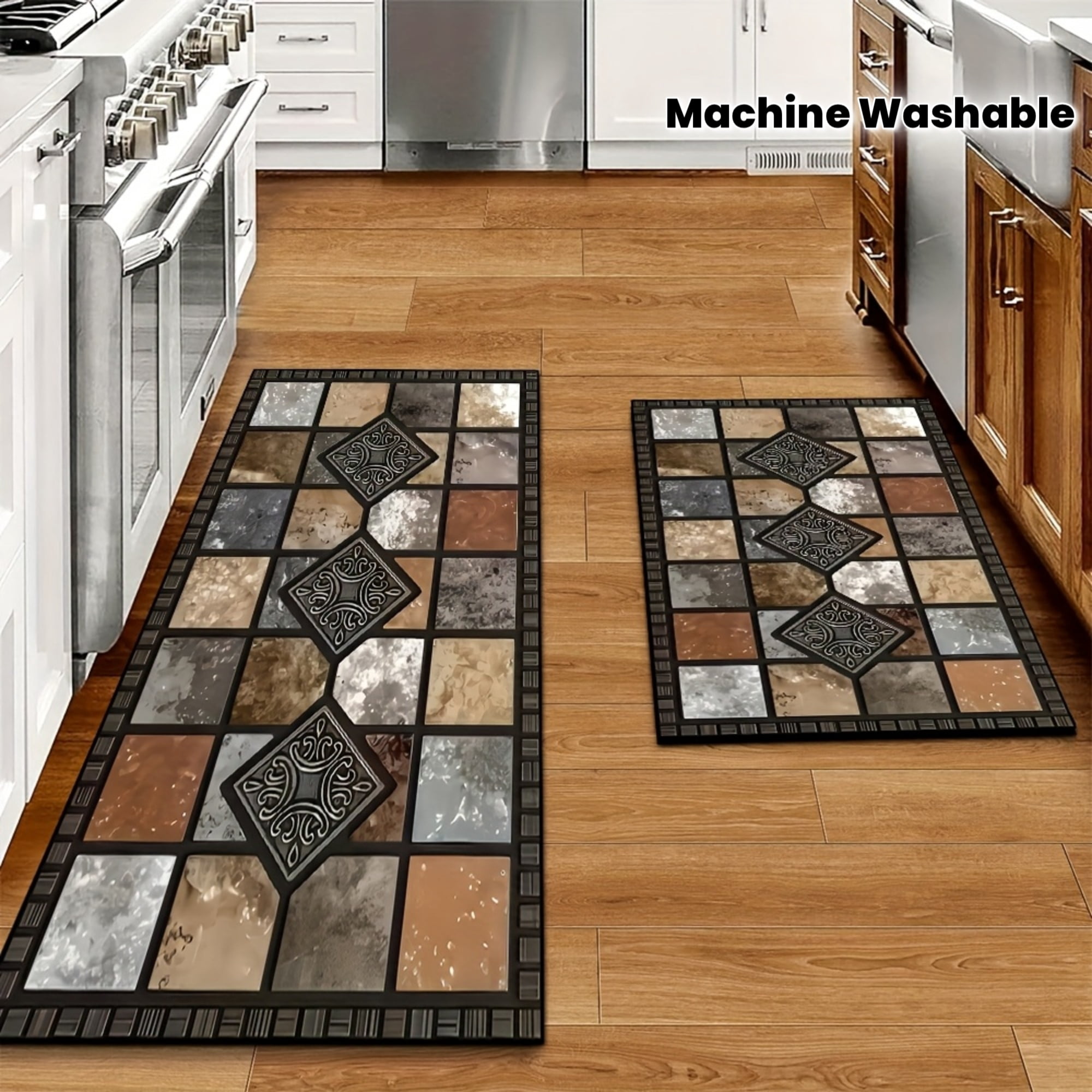 2pcs Vintage Plaid Style Kitchen Floor Mats, Brown Long Mats, Absorbent ...