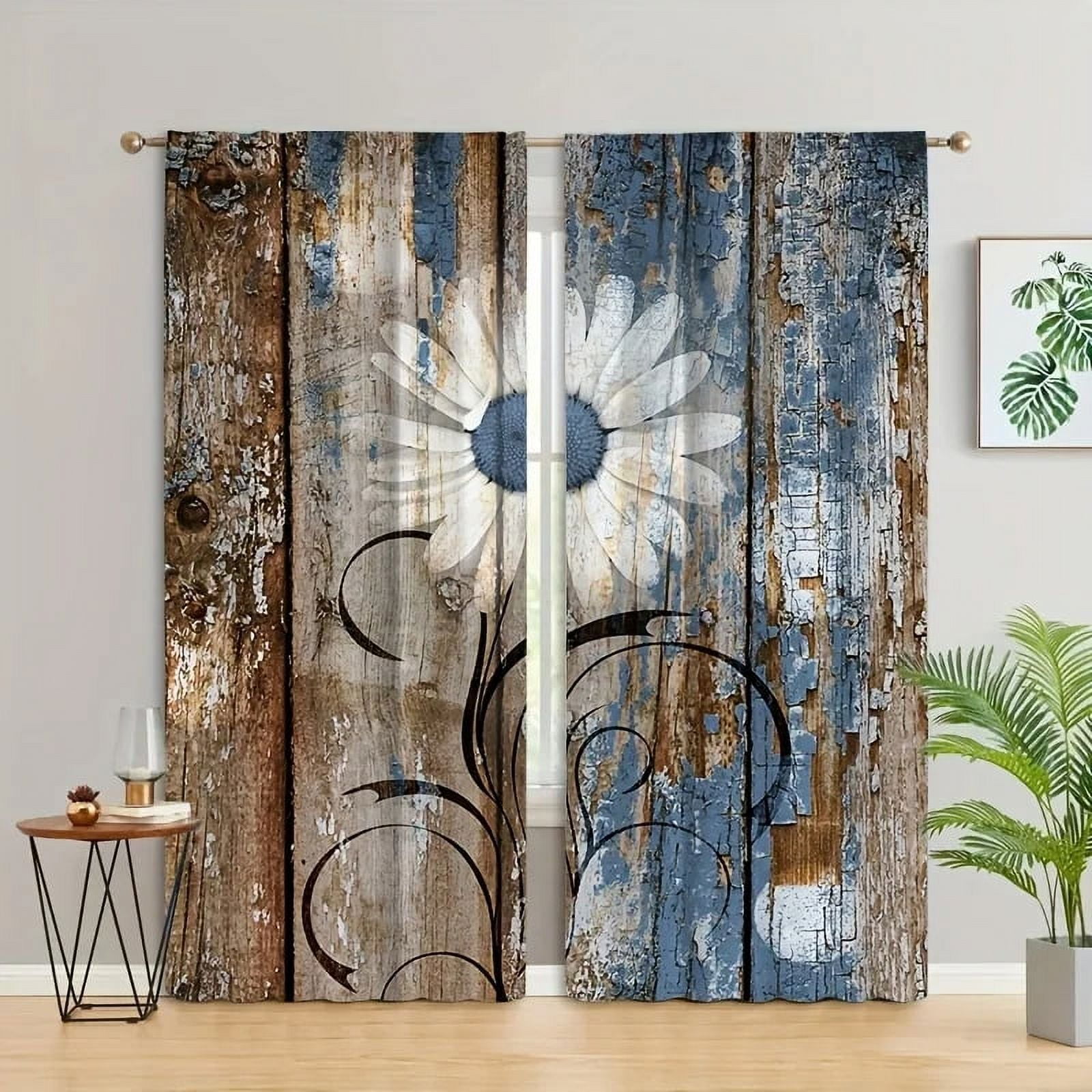 2pcs Vintage Wooden Planks Printed Window Curtain For Bedroom Living ...