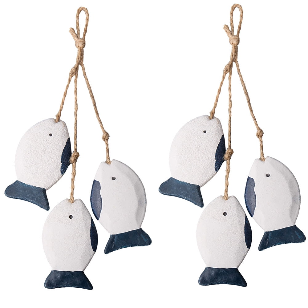 2pcs Wall Hangings Decorative Wooden Blue Fish Ornaments Nautical Home ...