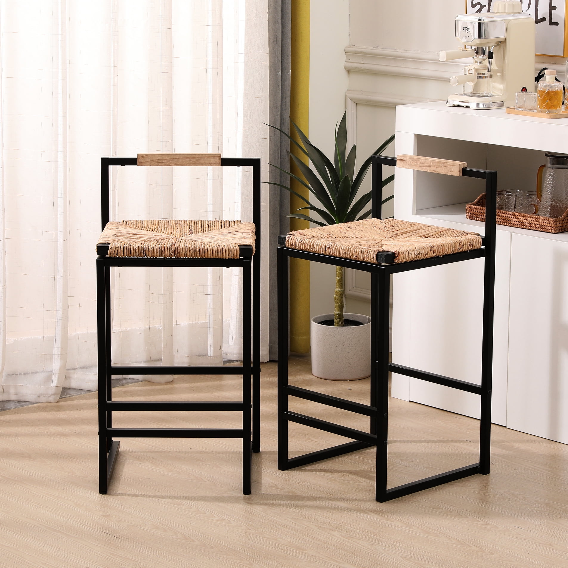 2pcs Water Hyacinth Woven Bar Stools With Back - Counter Height Chairs ...