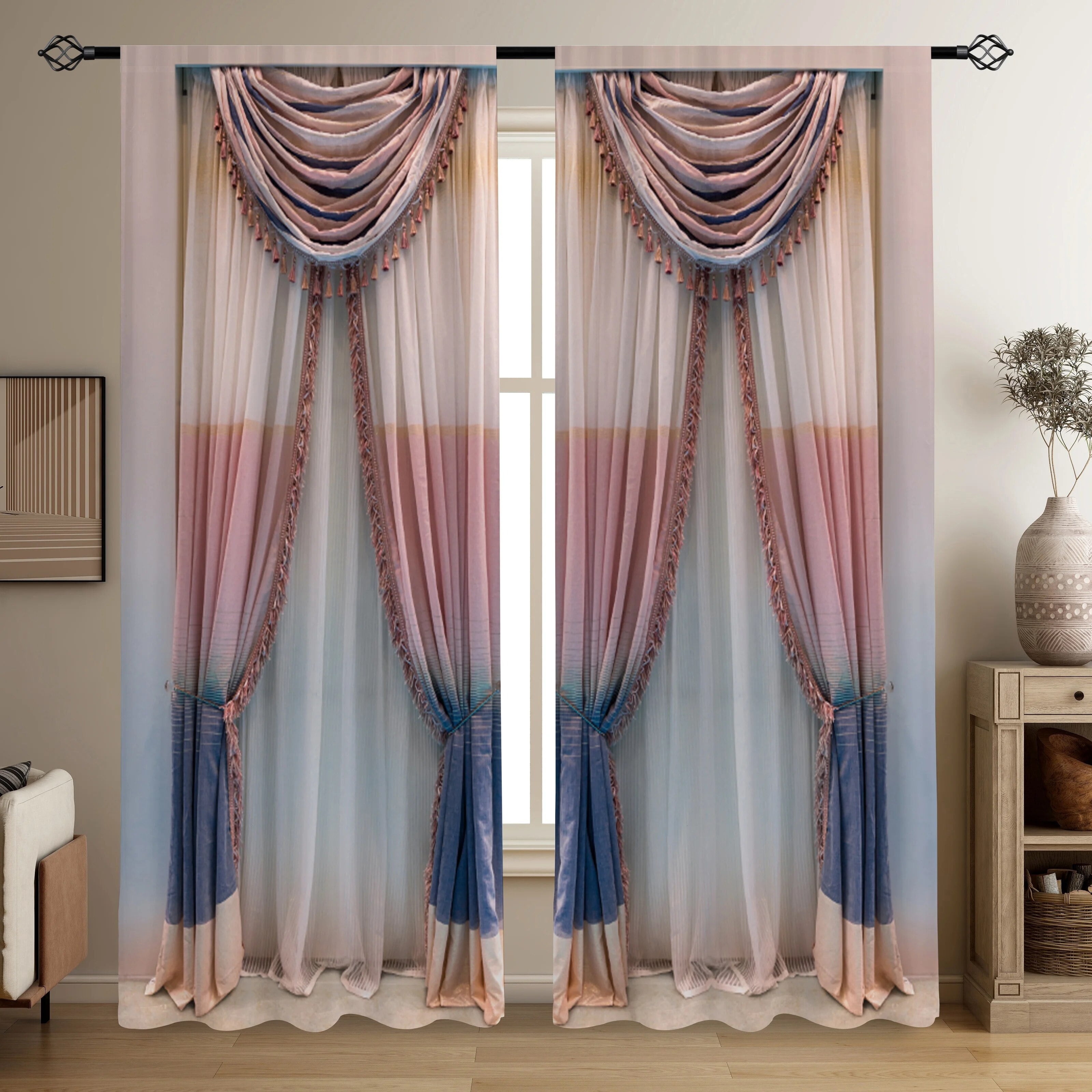 2pcs Watercolor Flower Printed Translucent Curtains Multi-scene Rod ...