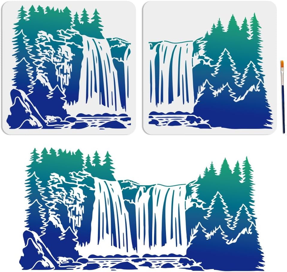 2pcs Waterfall Scenery Stencil Splicing Patterns 22×11inch Large Forest ...