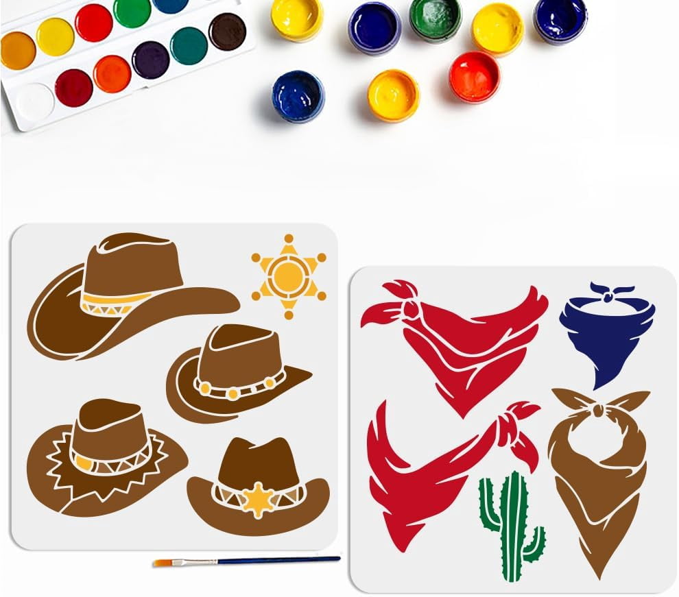 2pcs Western Cowboy Painting Stencil 11.8×11.8inch Retro Cowboy Hat ...