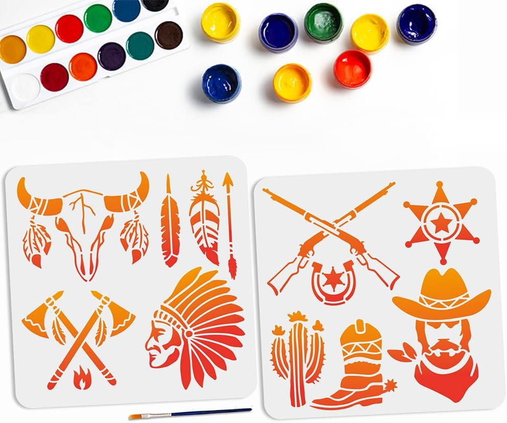 2pcs Western Cowboy Tribal Stencils 11.8×11.8inch Large Cowboy Boots Hat Cow Skull Stencils with ...