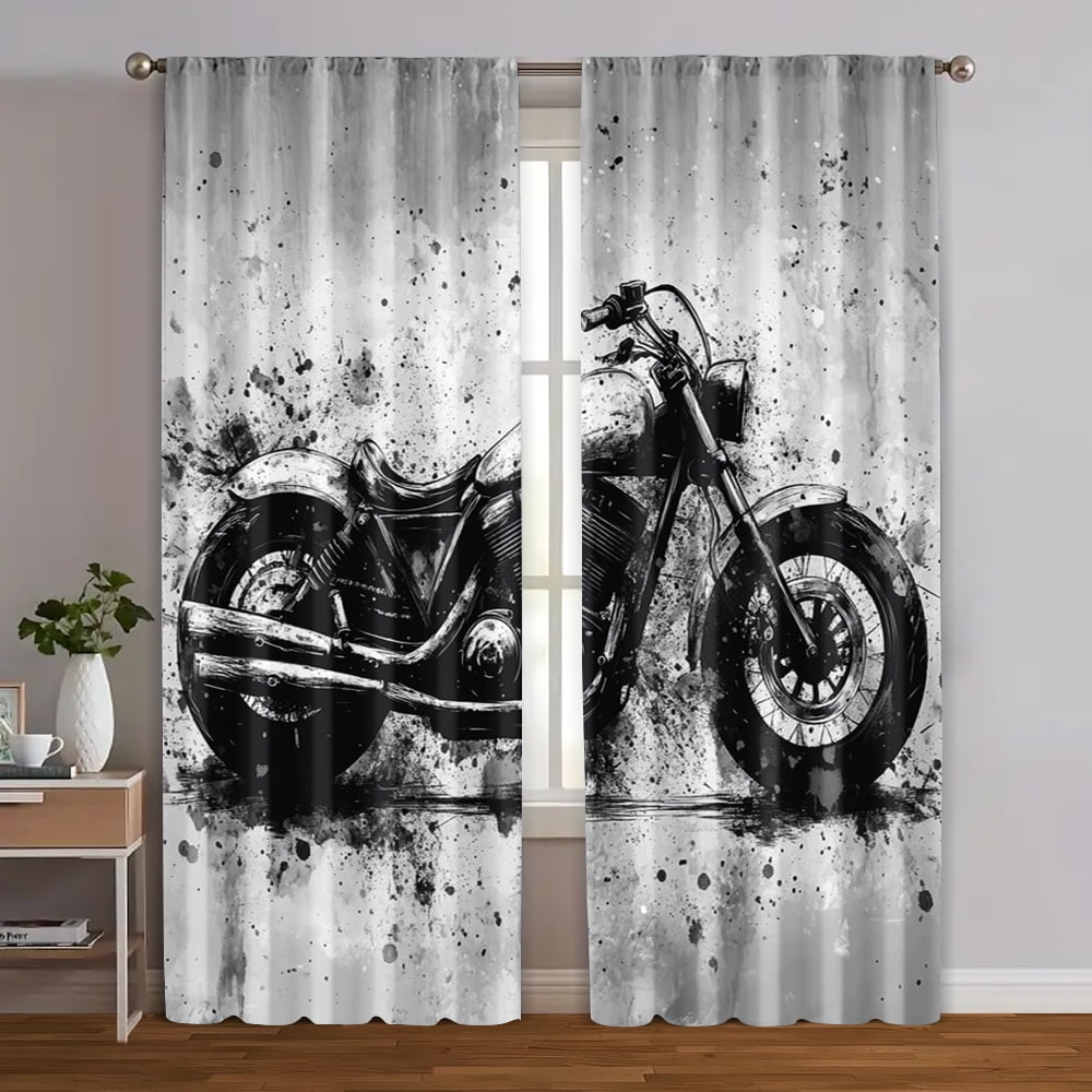 2pcs Window Curtain 2D print Modern painted black and white brick wall ...