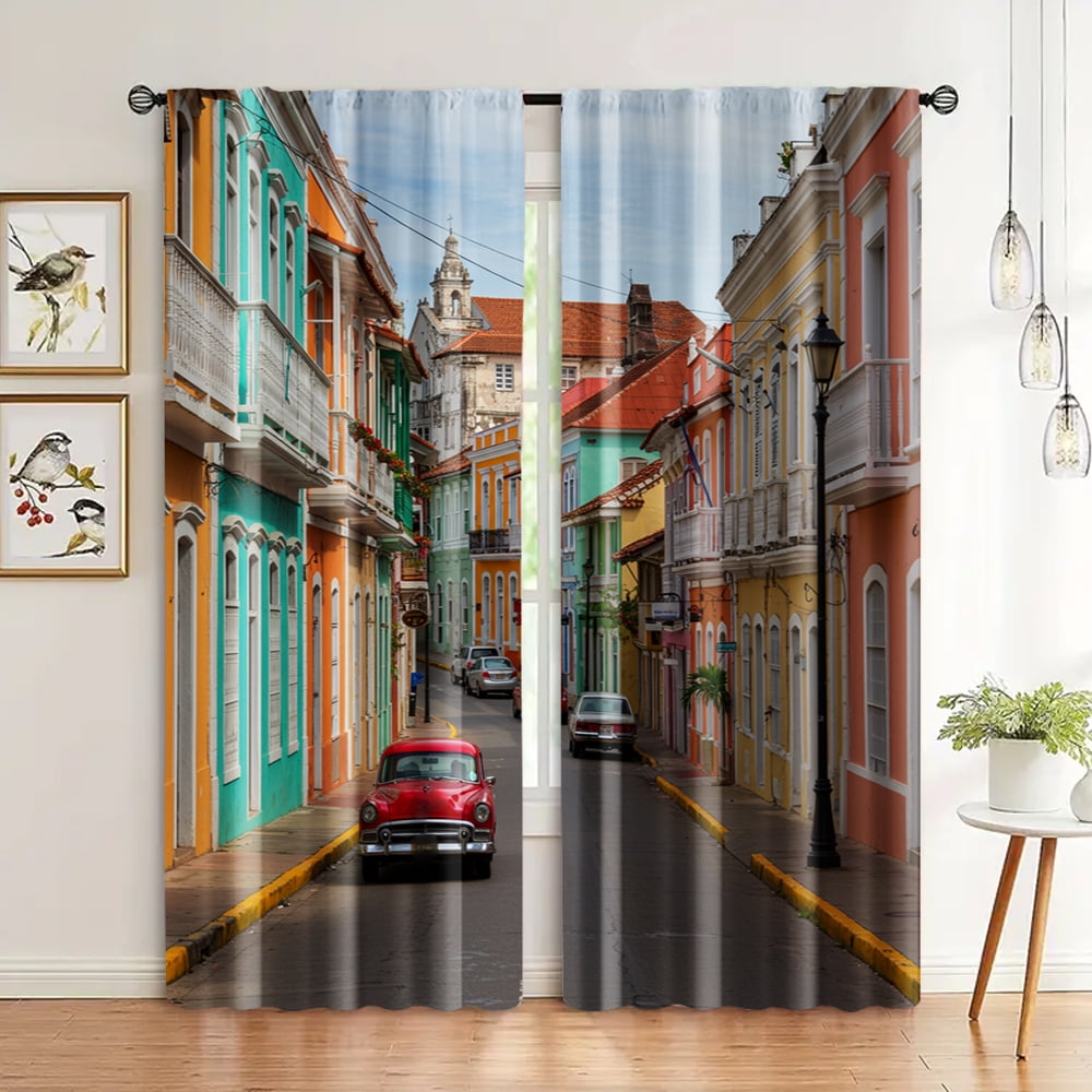 2pcs Window Treatment Curtains Vintage Color Street Versatile Polyester ...